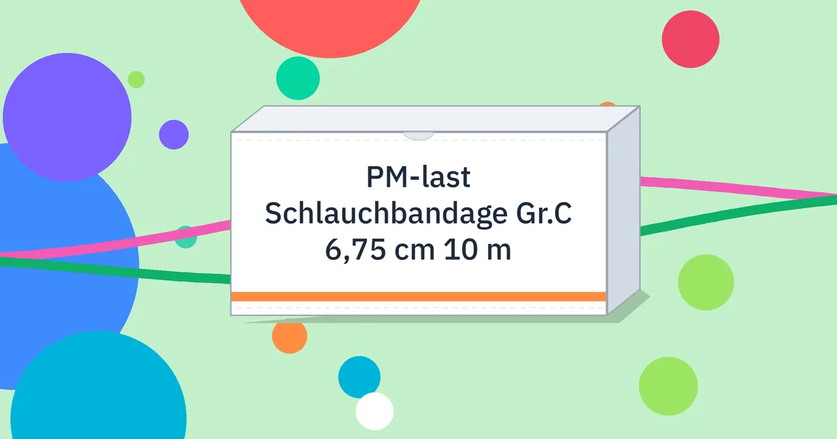 Symbolbild: Packung mit der Aufschrift PM-last Schlauchbandage Gr.C 6,75 cm 10 m (PZN 18845904) – Verfügbarkeit und Bezug in Apotheken in Frankfurt am Main