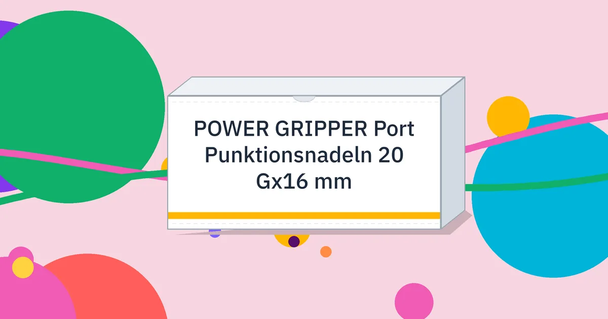 Symbolbild: Packung mit der Aufschrift POWER GRIPPER Port Punktionsnadeln 20 Gx16 mm (PZN 04658334) – Verfügbarkeit und Bezug in Apotheken in Frankfurt am Main