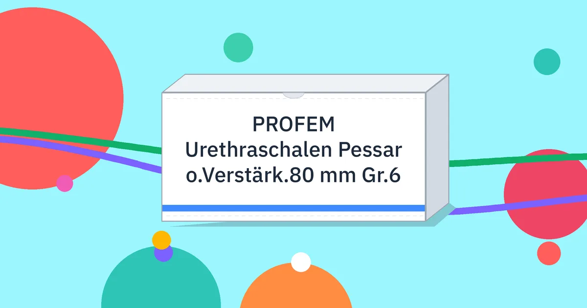 Symbolbild: Packung mit der Aufschrift PROFEM Urethraschalen Pessar o.Verstärk.80 mm Gr.6 (PZN 11672694) – Verfügbarkeit und Bezug in Apotheken in Frankfurt am Main