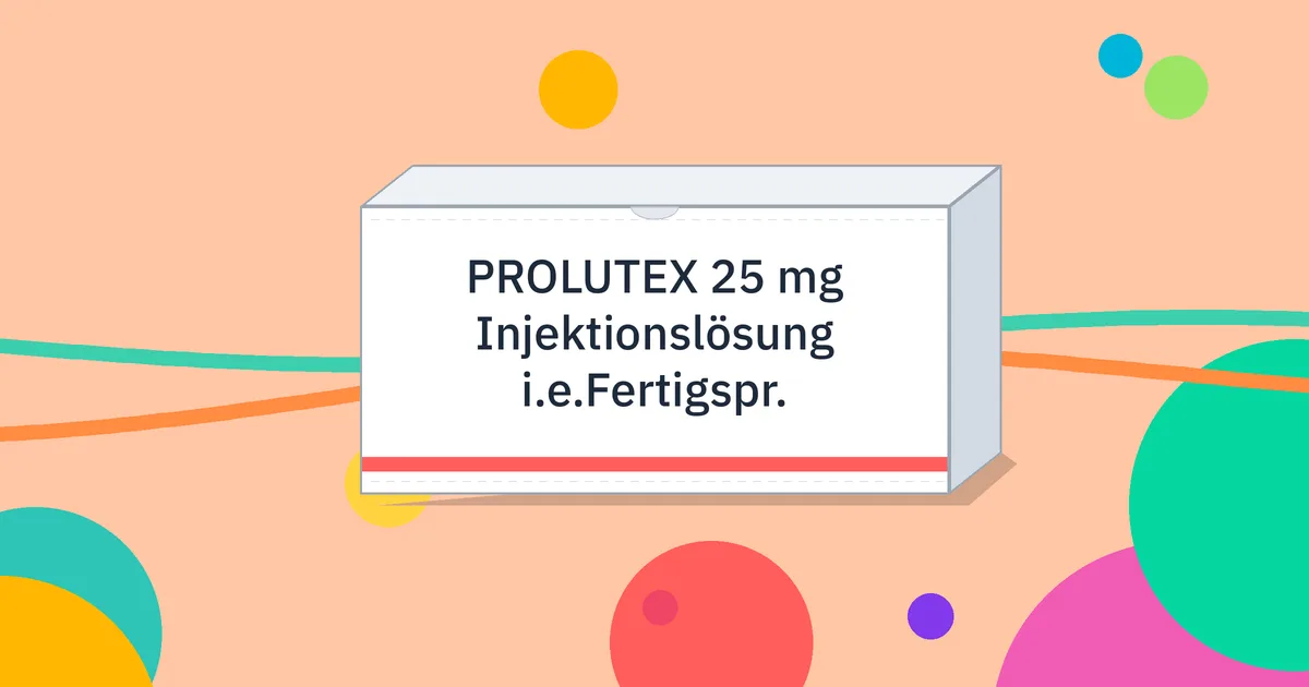 Symbolbild: Packung mit der Aufschrift PROLUTEX 25 mg Injektionslösung i.e.Fertigspr. (PZN 19883781) – Verfügbarkeit und Bezug in Apotheken in Frankfurt am Main