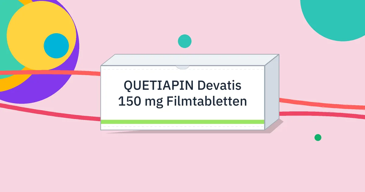 Symbolbild: Packung mit der Aufschrift QUETIAPIN Devatis 150 mg Filmtabletten (PZN 17235871) – Verfügbarkeit und Bezug in Apotheken in Frankfurt am Main