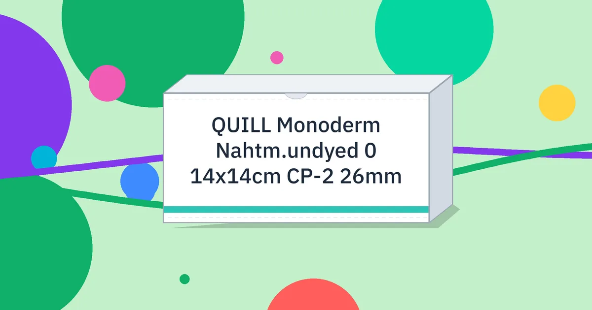 Symbolbild: Packung mit der Aufschrift QUILL Monoderm Nahtm.undyed 0 14x14cm CP-2 26mm (PZN 17988642) – Verfügbarkeit und Bezug in Apotheken in Frankfurt am Main