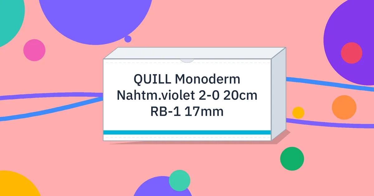 Symbolbild: Packung mit der Aufschrift QUILL Monoderm Nahtm.violet 2-0 20cm RB-1 17mm (PZN 17988027) – Verfügbarkeit und Bezug in Apotheken in Frankfurt am Main