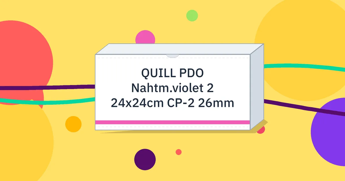 Symbolbild: Packung mit der Aufschrift QUILL PDO Nahtm.violet 2 24x24cm CP-2 26mm (PZN 17989564) – Verfügbarkeit und Bezug in Apotheken in Frankfurt am Main
