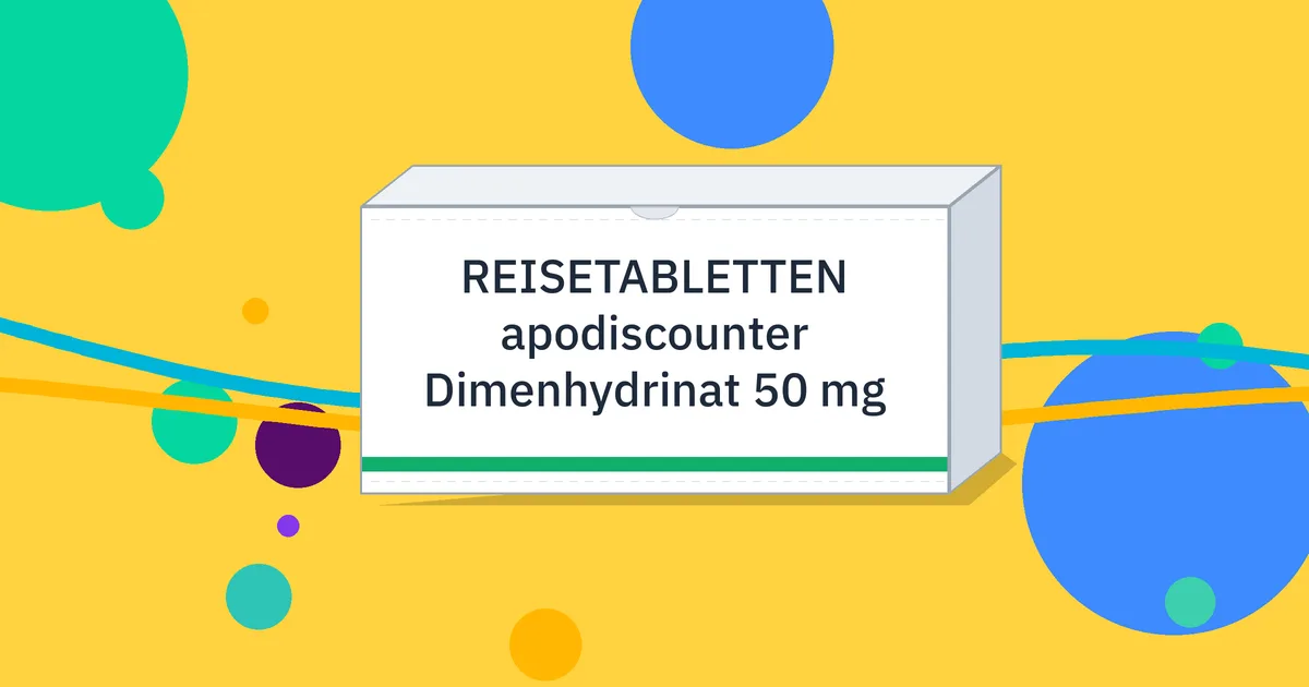 Symbolbild: Packung mit der Aufschrift REISETABLETTEN apodiscounter Dimenhydrinat 50 mg (PZN 18188300) – Verfügbarkeit und Bezug in Apotheken in Frankfurt am Main