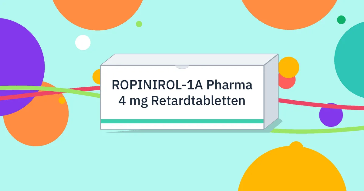 Symbolbild: Packung mit der Aufschrift ROPINIROL-1A Pharma 4 mg Retardtabletten (PZN 09080650) – Verfügbarkeit und Bezug in Apotheken in Frankfurt am Main