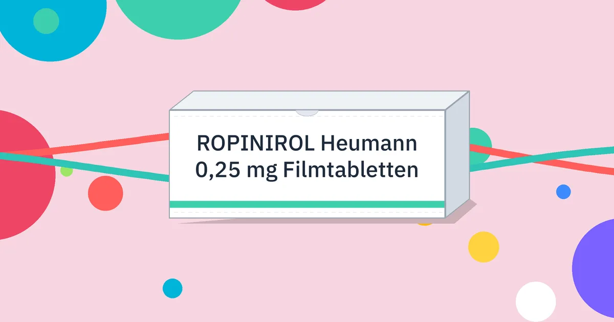 Symbolbild: Packung mit der Aufschrift ROPINIROL Heumann 0,25 mg Filmtabletten (PZN 07265256) – Verfügbarkeit und Bezug in Apotheken in Frankfurt am Main
