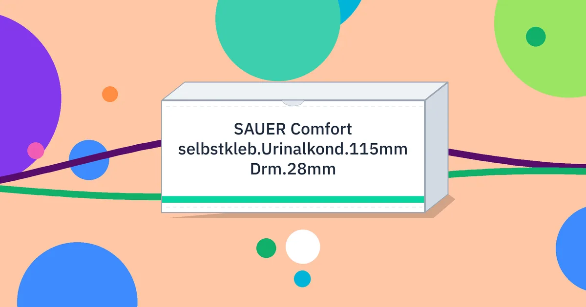Symbolbild: Packung mit der Aufschrift SAUER Comfort selbstkleb.Urinalkond.115mm Drm.28mm (PZN 00464343) – Verfügbarkeit und Bezug in Apotheken in Frankfurt am Main
