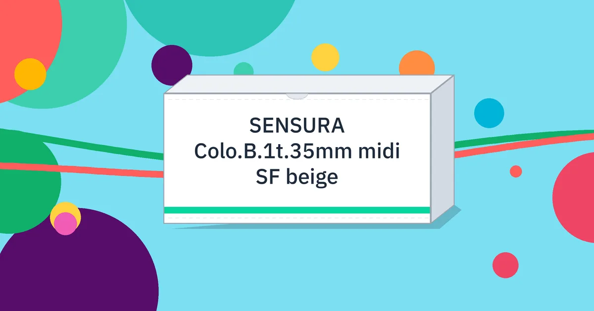Symbolbild: Packung mit der Aufschrift SENSURA Colo.B.1t.35mm midi SF beige (PZN 05373734) – Verfügbarkeit und Bezug in Apotheken in Frankfurt am Main