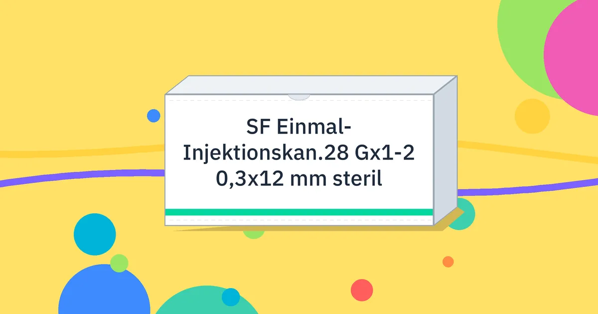 Symbolbild: Packung mit der Aufschrift SF Einmal-Injektionskan.28 Gx1-2 0,3x12 mm steril (PZN 17280848) – Verfügbarkeit und Bezug in Apotheken in Frankfurt am Main