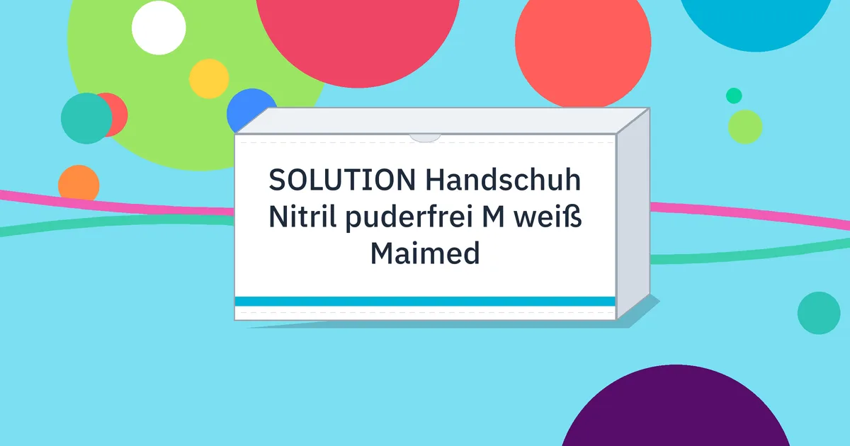 Symbolbild: Packung mit der Aufschrift SOLUTION Handschuh Nitril puderfrei M weiß Maimed (PZN 09063284) – Verfügbarkeit und Bezug in Apotheken in Frankfurt am Main