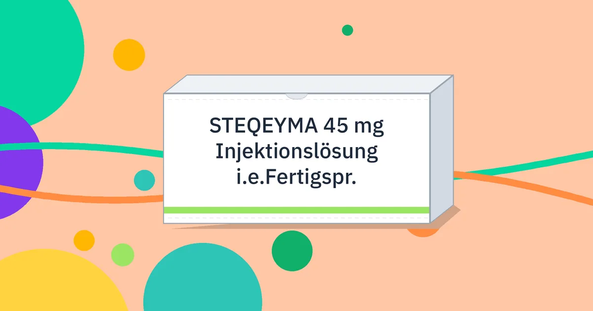 Symbolbild: Packung mit der Aufschrift STEQEYMA 45 mg Injektionslösung i.e.Fertigspr. (PZN 20359068) – Verfügbarkeit und Bezug in Apotheken in Frankfurt am Main