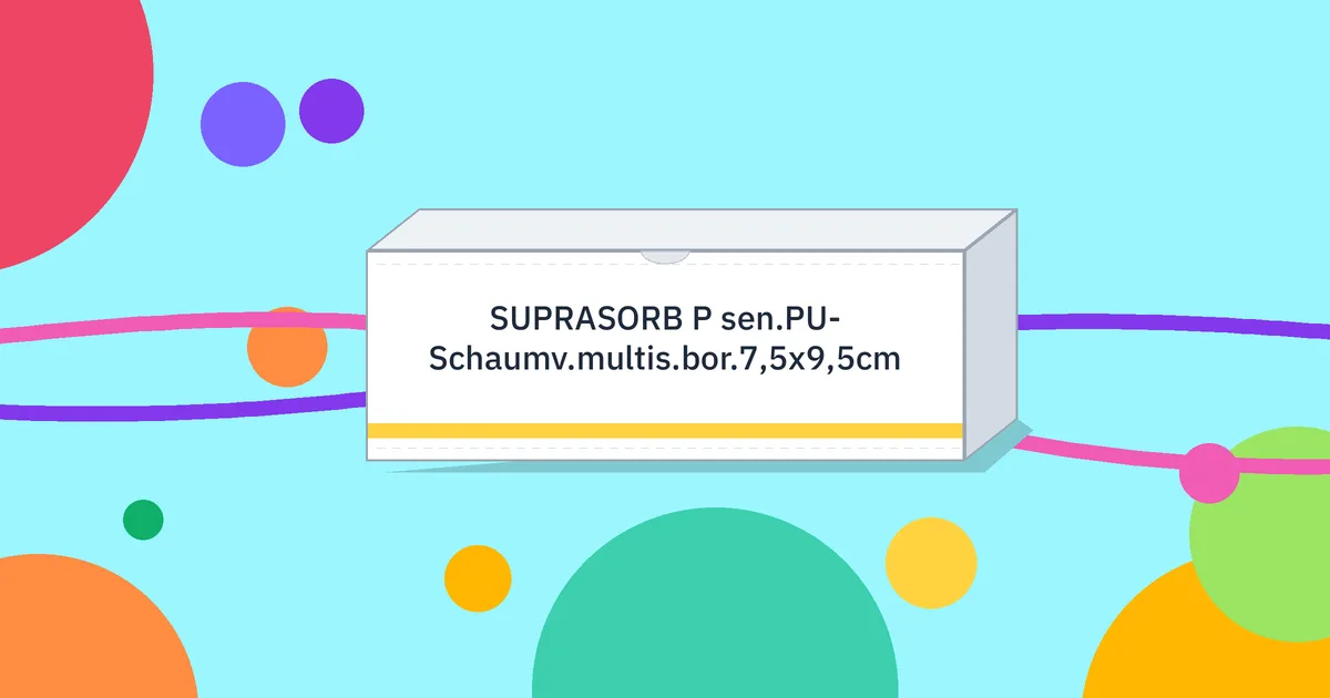 Symbolbild: Packung mit der Aufschrift SUPRASORB P sen.PU-Schaumv.multis.bor.7,5x9,5cm (PZN 19763373) – Verfügbarkeit und Bezug in Apotheken in Frankfurt am Main