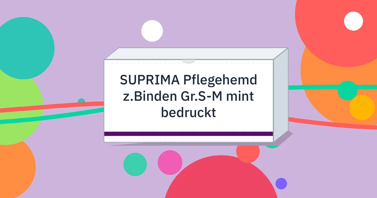 Symbolbild: Packung mit der Aufschrift SUPRIMA Pflegehemd z.Binden Gr.S-M mint bedruckt (PZN 03067424) – Verfügbarkeit und Bezug in Apotheken in Frankfurt am Main