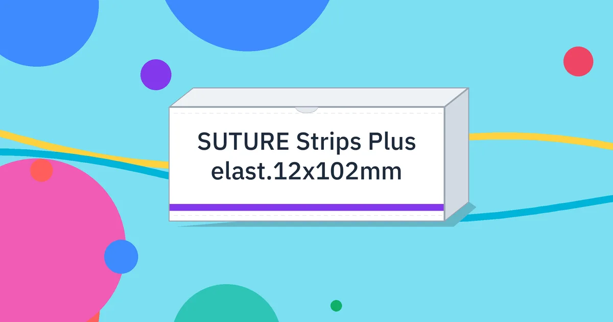 Symbolbild: Packung mit der Aufschrift SUTURE Strips Plus elast.12x102mm (PZN 00033784) – Verfügbarkeit und Bezug in Apotheken in Frankfurt am Main