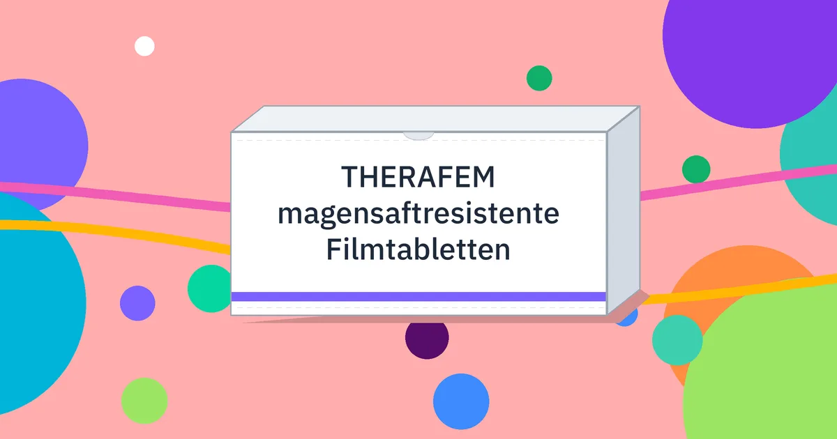 Symbolbild: Packung mit der Aufschrift THERAFEM magensaftresistente Filmtabletten (PZN 16018568) – Verfügbarkeit und Bezug in Apotheken in Frankfurt am Main