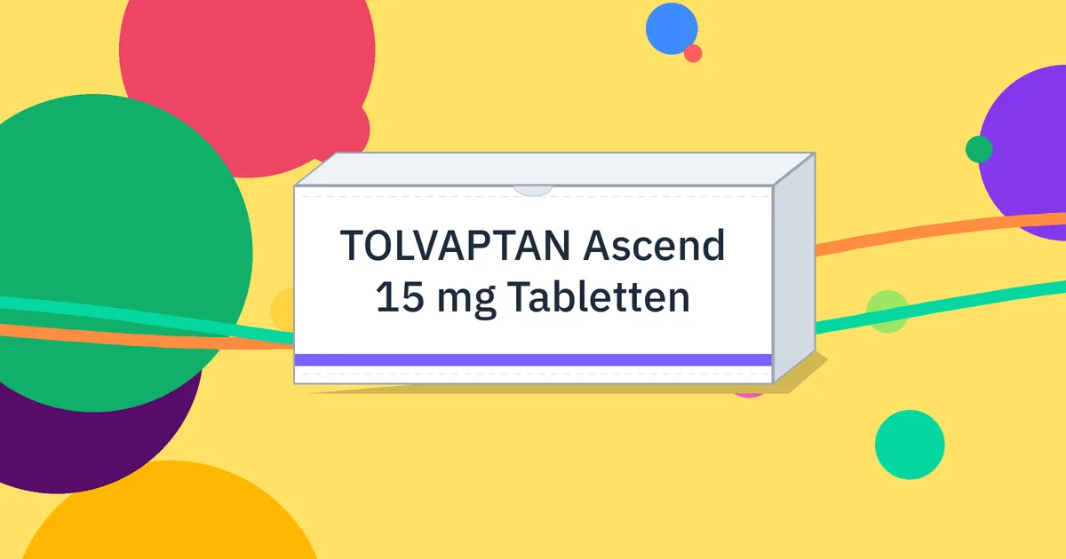 Symbolbild: Packung mit der Aufschrift TOLVAPTAN Ascend 15 mg Tabletten (PZN 18325524) – Verfügbarkeit und Bezug in Apotheken in Frankfurt am Main