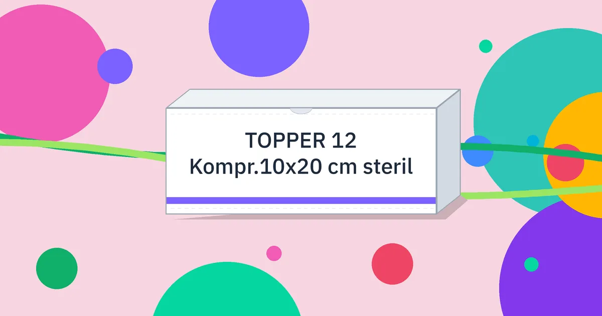 Symbolbild: Packung mit der Aufschrift TOPPER 12 Kompr.10x20 cm steril (PZN 09644414) – Verfügbarkeit und Bezug in Apotheken in Frankfurt am Main