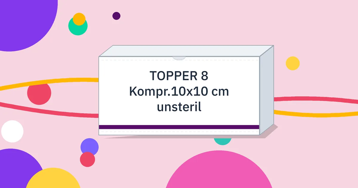 Symbolbild: Packung mit der Aufschrift TOPPER 8 Kompr.10x10 cm unsteril (PZN 01011980) – Verfügbarkeit und Bezug in Apotheken in Frankfurt am Main