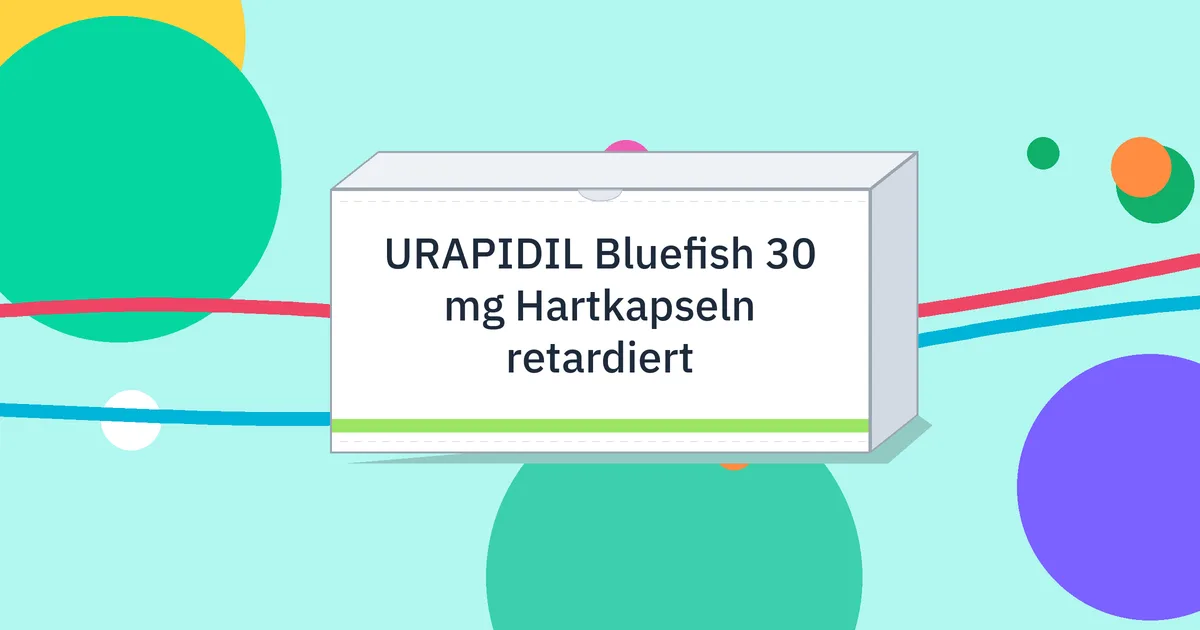 Symbolbild: Packung mit der Aufschrift URAPIDIL Bluefish 30 mg Hartkapseln retardiert (PZN 16779008) – Verfügbarkeit und Bezug in Apotheken in Frankfurt am Main