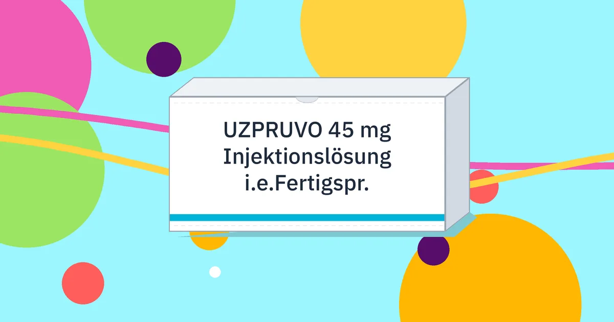 Symbolbild: Packung mit der Aufschrift UZPRUVO 45 mg Injektionslösung i.e.Fertigspr. (PZN 19289954) – Verfügbarkeit und Bezug in Apotheken in Frankfurt am Main