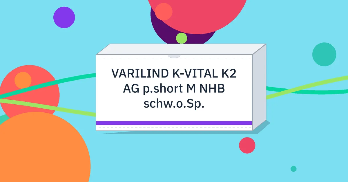 Symbolbild: Packung mit der Aufschrift VARILIND K-VITAL K2 AG p.short M NHB schw.o.Sp. (PZN 20565307) – Verfügbarkeit und Bezug in Apotheken in Frankfurt am Main