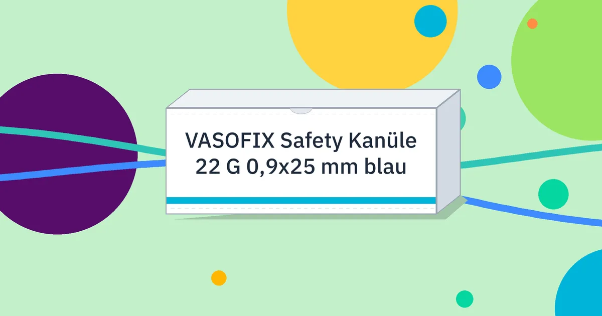 Symbolbild: Packung mit der Aufschrift VASOFIX Safety Kanüle 22 G 0,9x25 mm blau (PZN 16139668) – Verfügbarkeit und Bezug in Apotheken in Frankfurt am Main