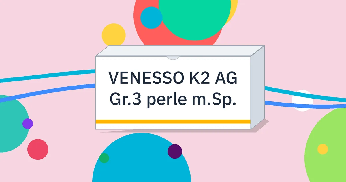 Symbolbild: Packung mit der Aufschrift VENESSO K2 AG Gr.3 perle m.Sp. (PZN 03275424) – Verfügbarkeit und Bezug in Apotheken in Frankfurt am Main