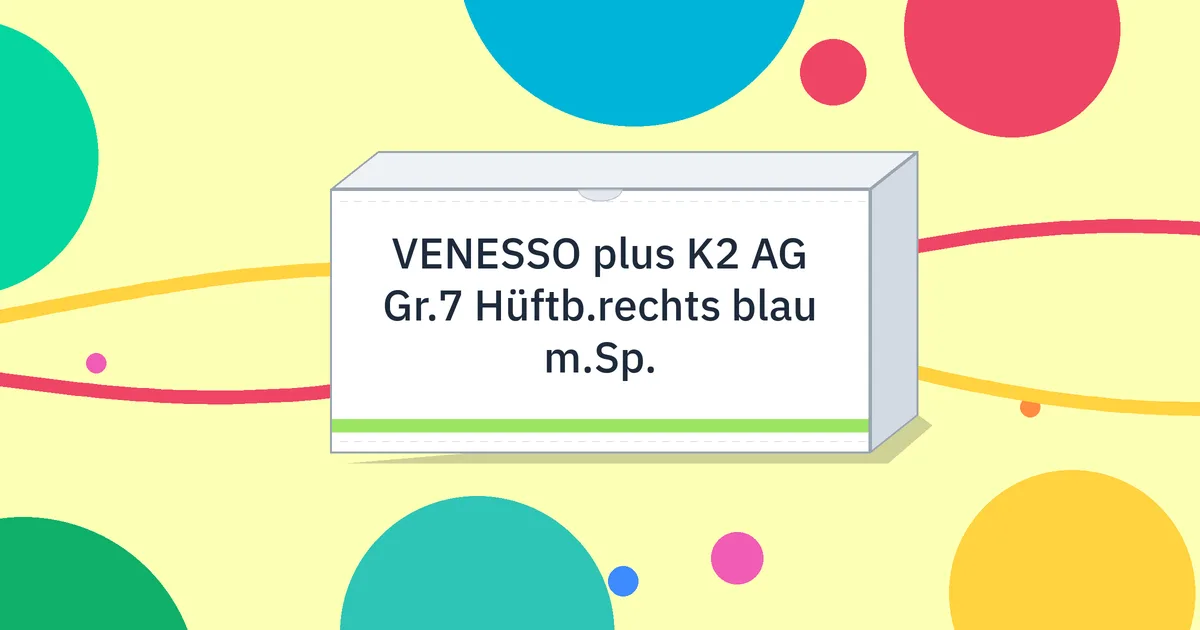 Symbolbild: Packung mit der Aufschrift VENESSO plus K2 AG Gr.7 Hüftb.rechts blau m.Sp. (PZN 03304338) – Verfügbarkeit und Bezug in Apotheken in Frankfurt am Main