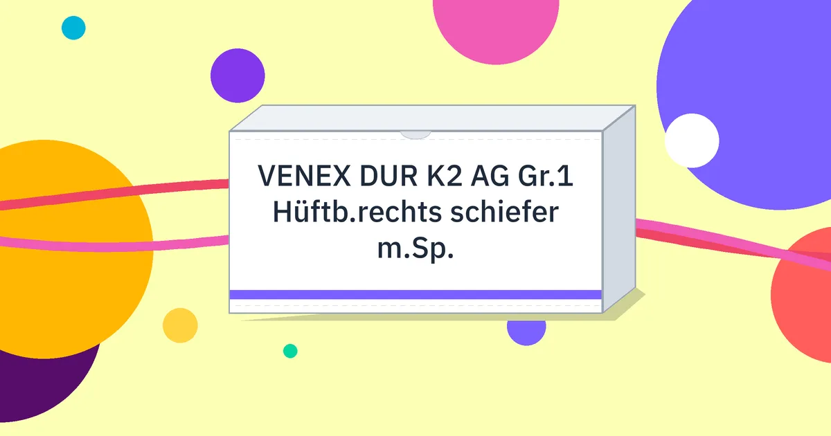 Symbolbild: Packung mit der Aufschrift VENEX DUR K2 AG Gr.1 Hüftb.rechts schiefer m.Sp. (PZN 03229045) – Verfügbarkeit und Bezug in Apotheken in Frankfurt am Main
