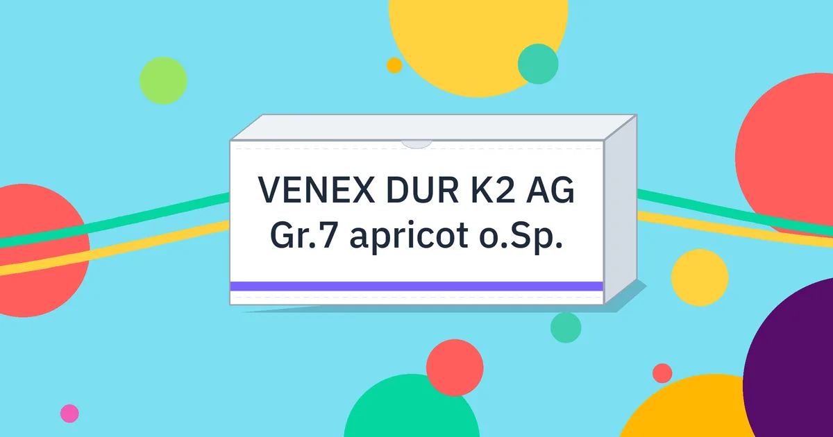 Symbolbild: Packung mit der Aufschrift VENEX DUR K2 AG Gr.7 apricot o.Sp. (PZN 03216798) – Verfügbarkeit und Bezug in Apotheken in Frankfurt am Main