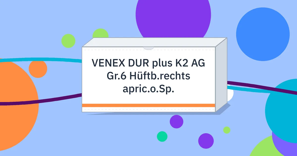 Symbolbild: Packung mit der Aufschrift VENEX DUR plus K2 AG Gr.6 Hüftb.rechts apric.o.Sp. (PZN 03242459) – Verfügbarkeit und Bezug in Apotheken in Frankfurt am Main