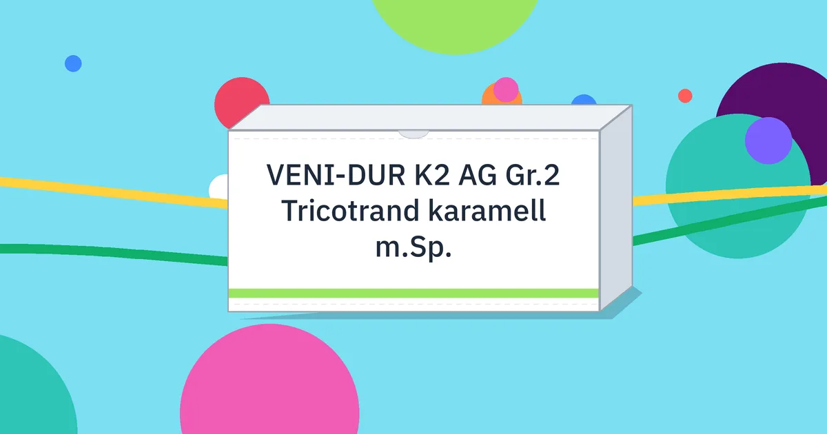 Symbolbild: Packung mit der Aufschrift VENI-DUR K2 AG Gr.2 Tricotrand karamell m.Sp. (PZN 13762361) – Verfügbarkeit und Bezug in Apotheken in Frankfurt am Main