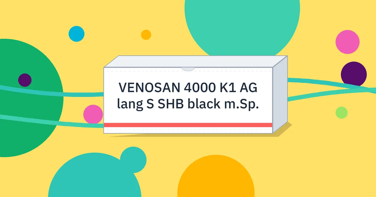 Symbolbild: Packung mit der Aufschrift VENOSAN 4000 K1 AG lang S SHB black m.Sp. (PZN 14426808) – Verfügbarkeit und Bezug in Apotheken in Frankfurt am Main