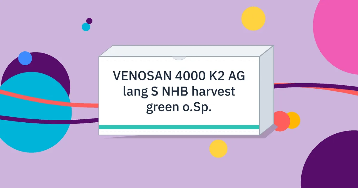 Symbolbild: Packung mit der Aufschrift VENOSAN 4000 K2 AG lang S NHB harvest green o.Sp. (PZN 18847702) – Verfügbarkeit und Bezug in Apotheken in Frankfurt am Main