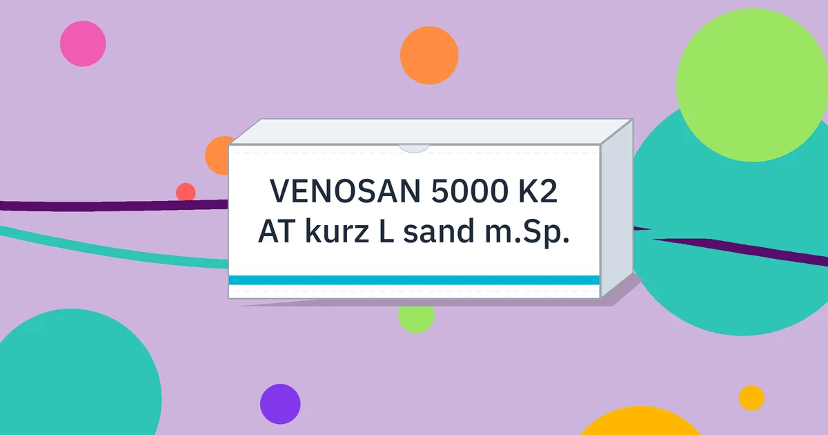 Symbolbild: Packung mit der Aufschrift VENOSAN 5000 K2 AT kurz L sand m.Sp. (PZN 14428730) – Verfügbarkeit und Bezug in Apotheken in Frankfurt am Main