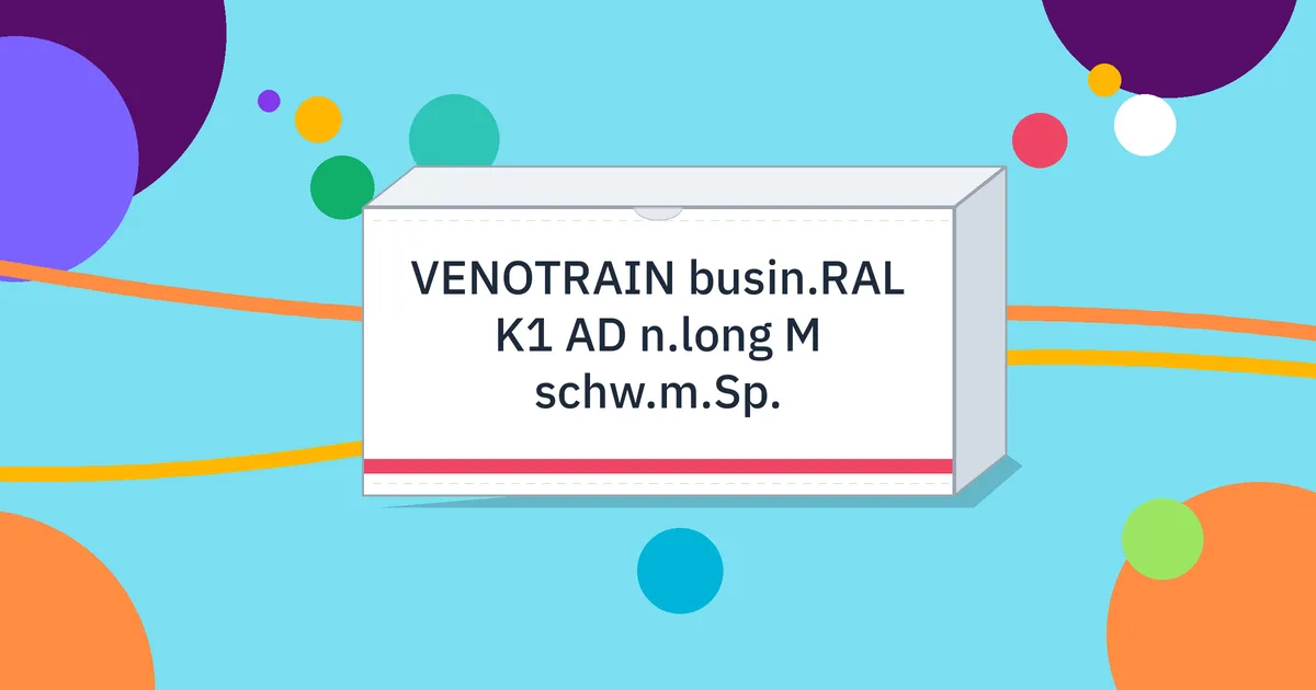 Symbolbild: Packung mit der Aufschrift VENOTRAIN busin.RAL K1 AD n.long M schw.m.Sp. (PZN 06948651) – Verfügbarkeit und Bezug in Apotheken in Frankfurt am Main