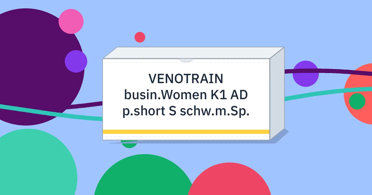 Symbolbild: Packung mit der Aufschrift VENOTRAIN busin.Women K1 AD p.short S schw.m.Sp. (PZN 10195430) – Verfügbarkeit und Bezug in Apotheken in Frankfurt am Main