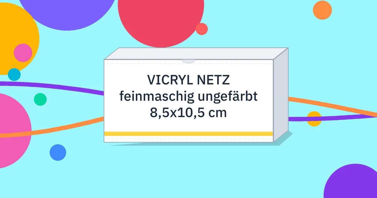 Symbolbild: Packung mit der Aufschrift VICRYL NETZ feinmaschig ungefärbt 8,5x10,5 cm (PZN 20854891) – Verfügbarkeit und Bezug in Apotheken in Frankfurt am Main