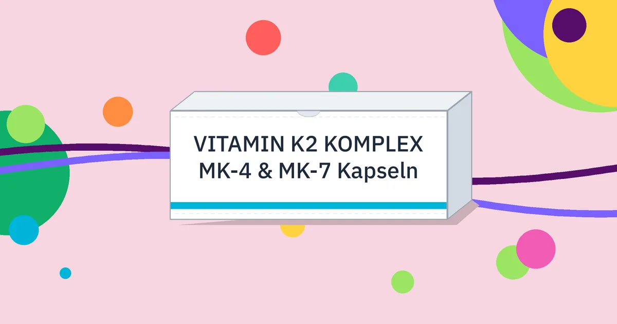 Symbolbild: Packung mit der Aufschrift VITAMIN K2 KOMPLEX MK-4 & MK-7 Kapseln (PZN 19352316) – Verfügbarkeit und Bezug in Apotheken in Frankfurt am Main