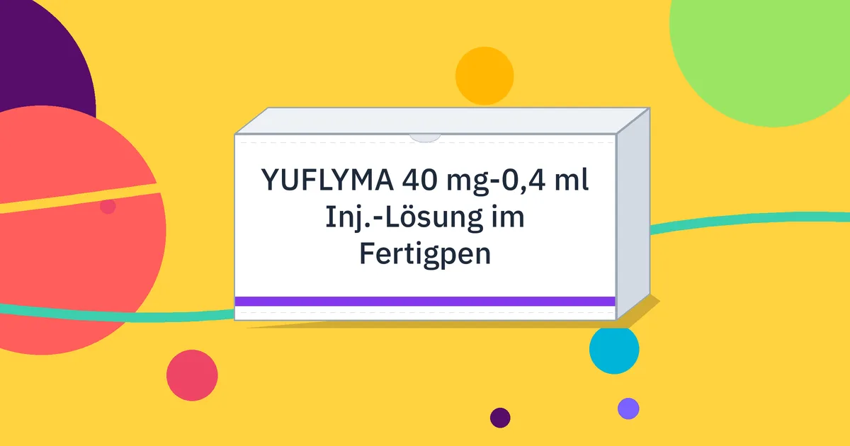 Symbolbild: Packung mit der Aufschrift YUFLYMA 40 mg-0,4 ml Inj.-Lösung im Fertigpen (PZN 16847684) – Verfügbarkeit und Bezug in Apotheken in Frankfurt am Main