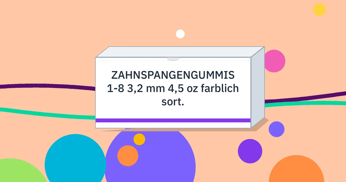 Symbolbild: Packung mit der Aufschrift ZAHNSPANGENGUMMIS 1-8 3,2 mm 4,5 oz farblich sort. (PZN 19857737) – Verfügbarkeit und Bezug in Apotheken in Frankfurt am Main