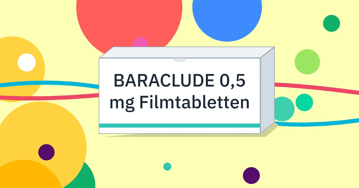 Symbolbild: Packung mit der Aufschrift BARACLUDE 0,5 mg Filmtabletten (PZN 11344866) – Verfügbarkeit und Bezug in Apotheken in Frankfurt am Main