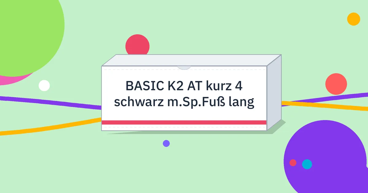 Symbolbild: Packung mit der Aufschrift BASIC K2 AT kurz 4 schwarz m.Sp.Fuß lang (PZN 20269365) – Verfügbarkeit und Bezug in Apotheken in Frankfurt am Main