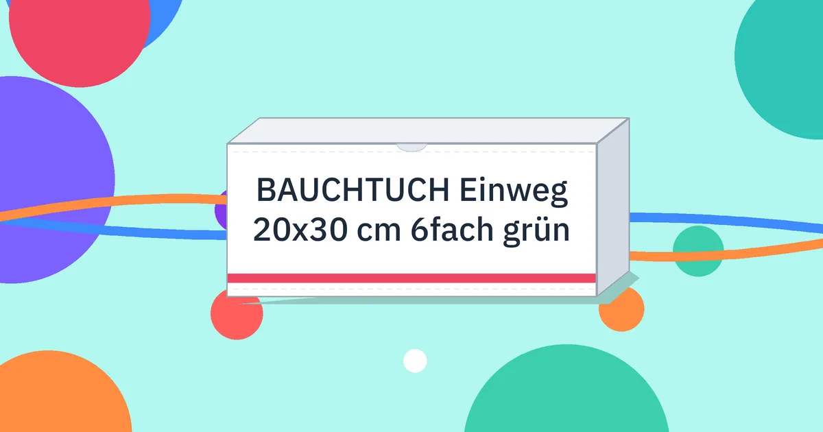 Symbolbild: Packung mit der Aufschrift BAUCHTUCH Einweg 20x30 cm 6fach grün (PZN 00033519) – Verfügbarkeit und Bezug in Apotheken in Frankfurt am Main