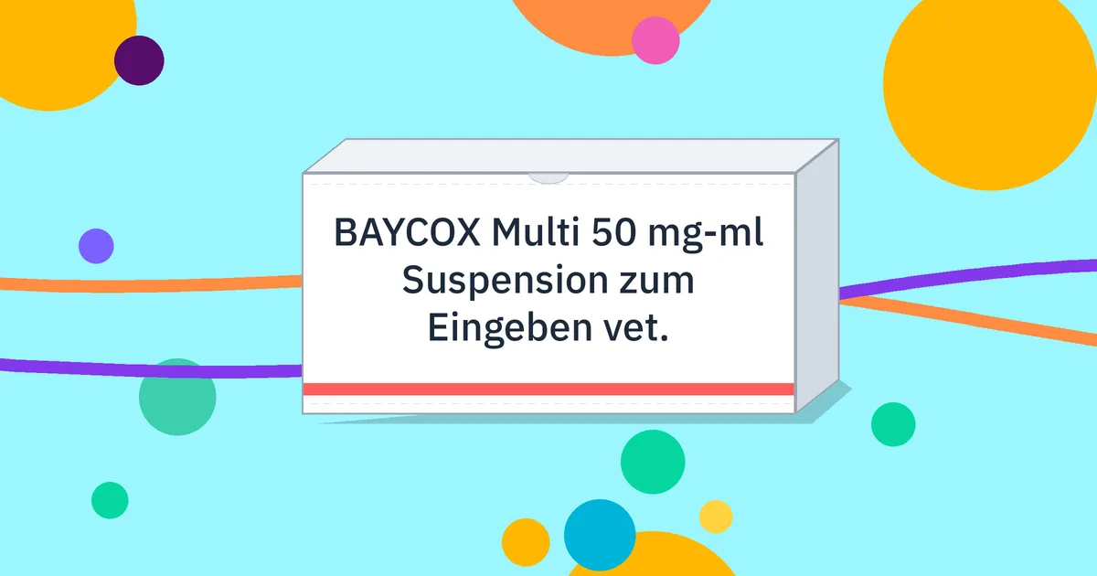 Symbolbild: Packung mit der Aufschrift BAYCOX Multi 50 mg-ml Suspension zum Eingeben vet. (PZN 13865144) – Verfügbarkeit und Bezug in Apotheken in Frankfurt am Main