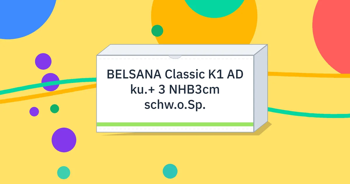 Symbolbild: Packung mit der Aufschrift BELSANA Classic K1 AD ku.+ 3 NHB3cm schw.o.Sp. (PZN 19255346) – Verfügbarkeit und Bezug in Apotheken in Frankfurt am Main