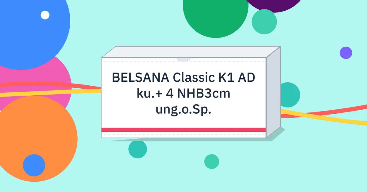 Symbolbild: Packung mit der Aufschrift BELSANA Classic K1 AD ku.+ 4 NHB3cm ung.o.Sp. (PZN 19256334) – Verfügbarkeit und Bezug in Apotheken in Frankfurt am Main