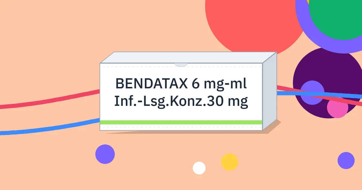 Symbolbild: Packung mit der Aufschrift BENDATAX 6 mg-ml Inf.-Lsg.Konz.30 mg (PZN 06443690) – Verfügbarkeit und Bezug in Apotheken in Frankfurt am Main