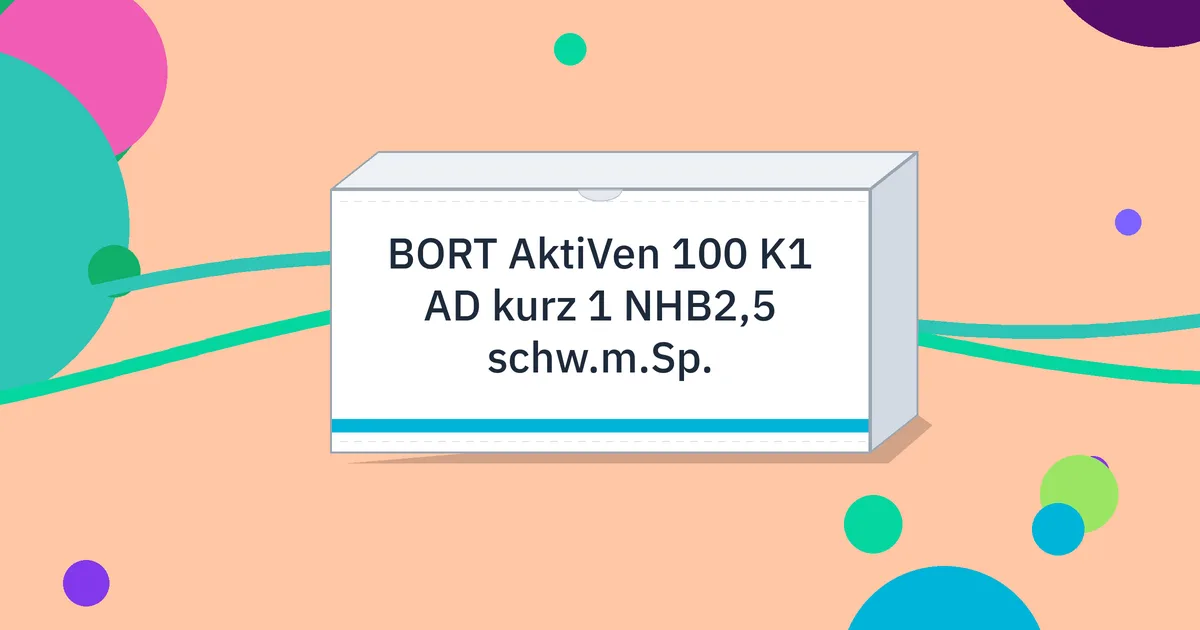 Symbolbild: Packung mit der Aufschrift BORT AktiVen 100 K1 AD kurz 1 NHB2,5 schw.m.Sp. (PZN 17502183) – Verfügbarkeit und Bezug in Apotheken in Frankfurt am Main